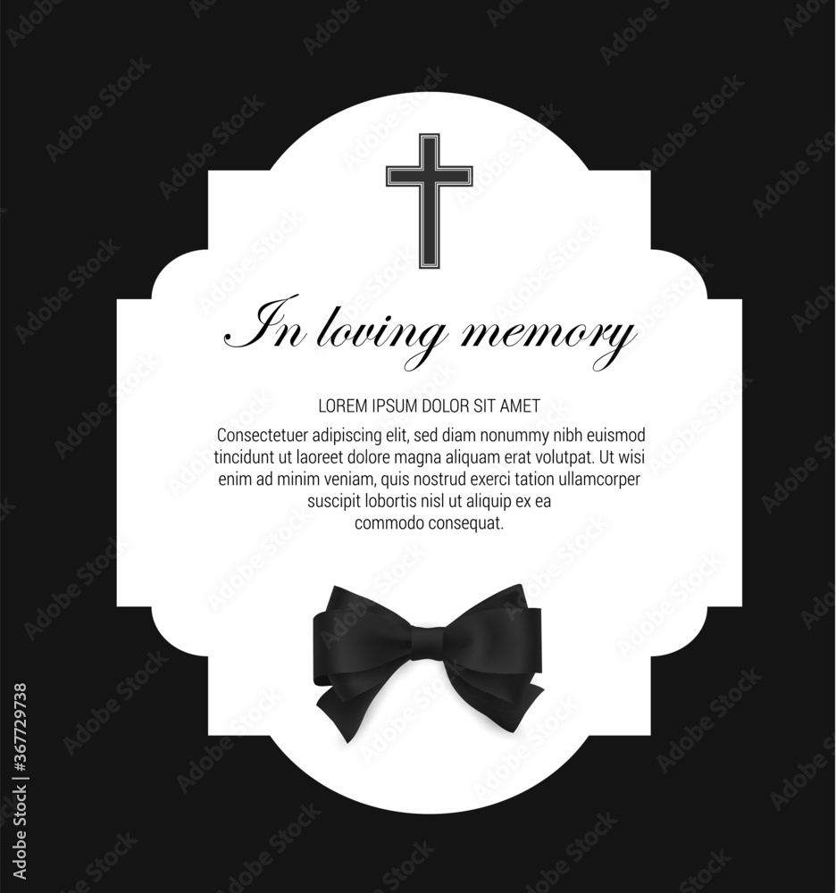 Funeral card, condolence obituary message with RIP black ribbon, vector ...