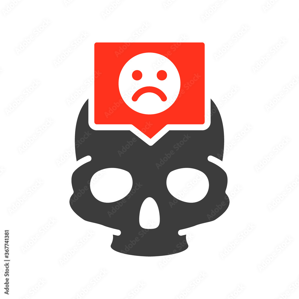 Skull with sad face in speech bubble colored icon. Bone structure of ...