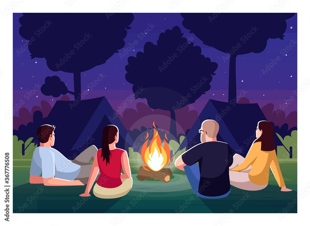 Camping at night semi flat vector illustration. People sit near ...