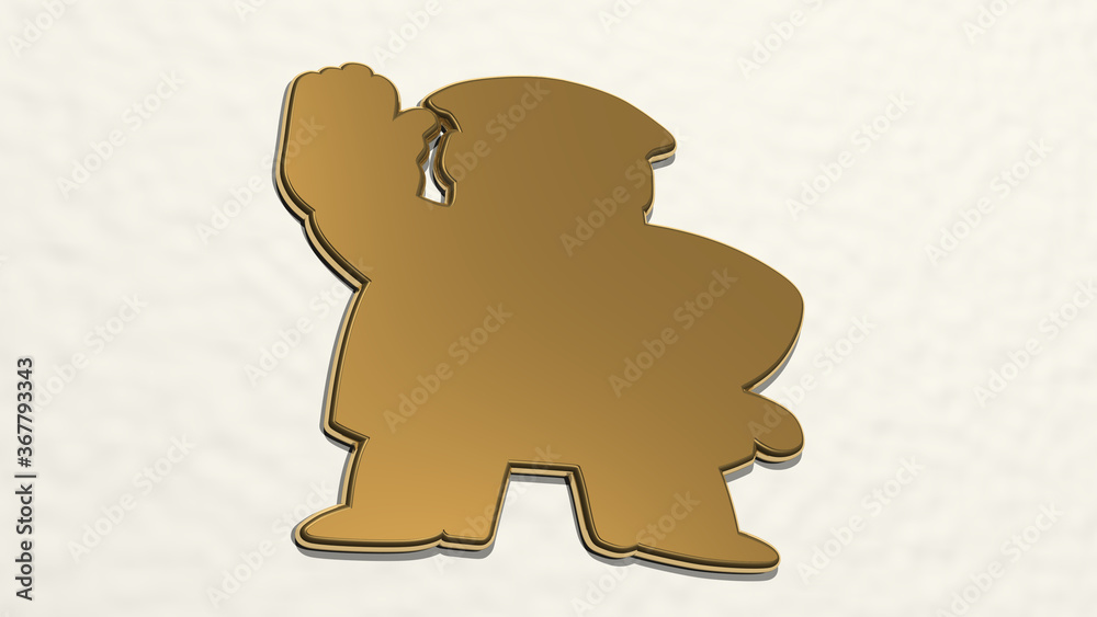 POLICE OFFICER on the wall. 3D illustration of metallic sculpture over ...