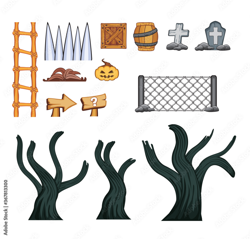 set of game assets, icon, element, tileable seamless tileset, Useful ...
