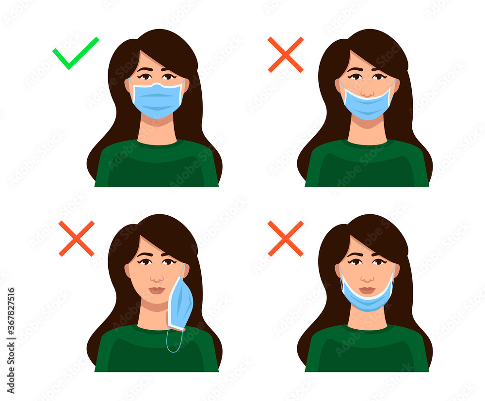 How to wear a mask correctly. Instructions with a woman in a mask and ...