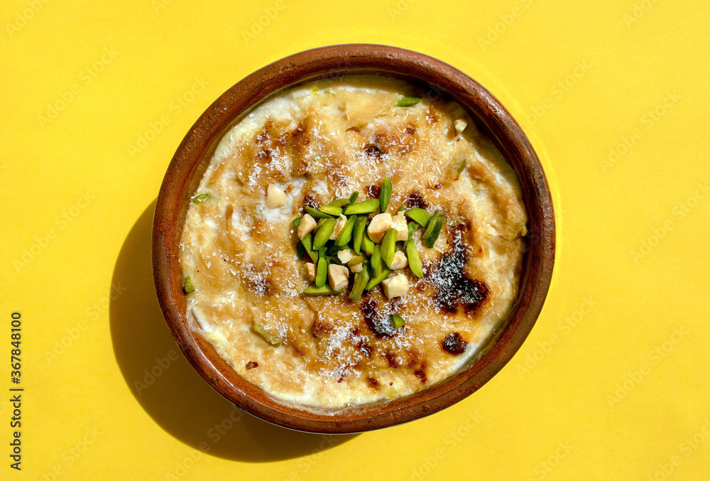 Traditional Arabic, Egyptian, eastern dessert Om Ali. Top view ...