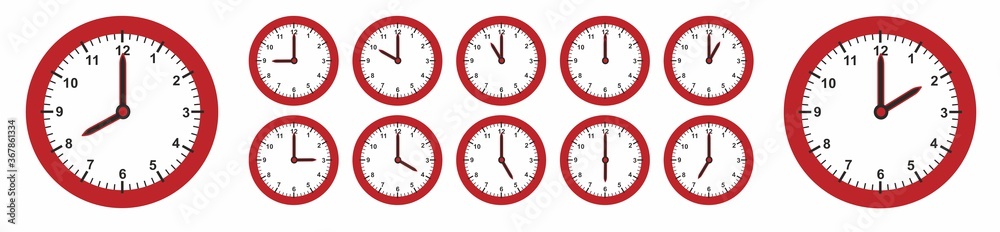 Set with different clocks, time. Schedule planning. Each clock object ...