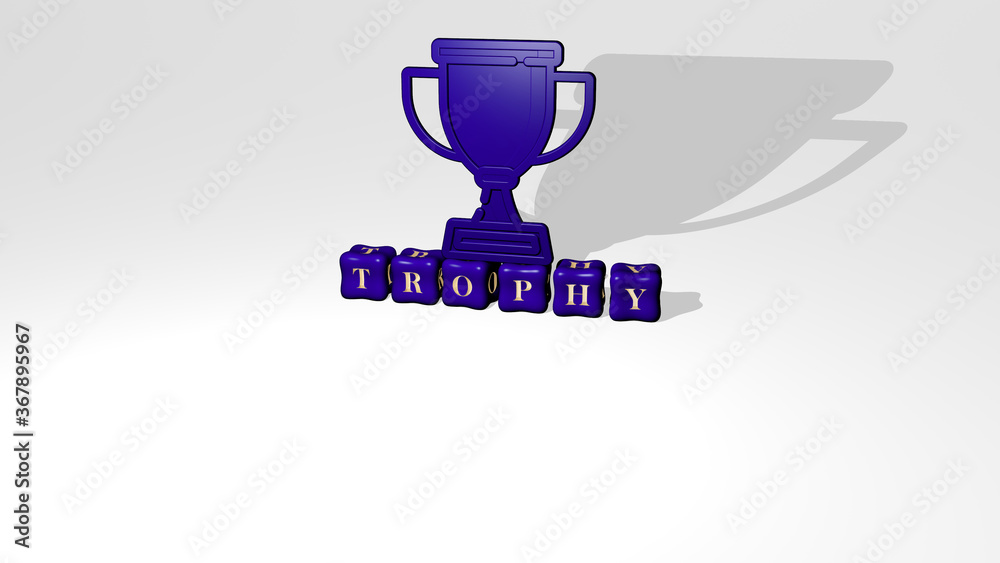 3D illustration of TROPHY graphics and text made by metallic dice ...