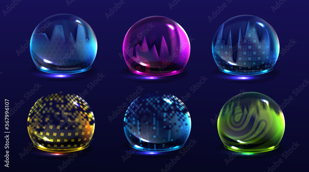 Broken bubble shields, damaged protection force fields. Vector ...
