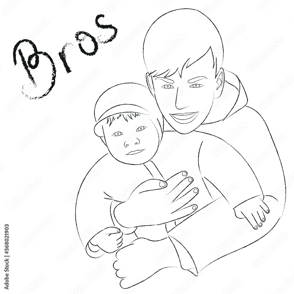 Sketch of two brothers, older brother hugs younger, happy teenager and ...