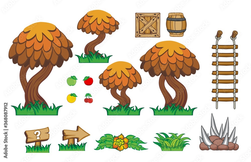 set of game assets, icon, element, tileable seamless tileset, Useful ...