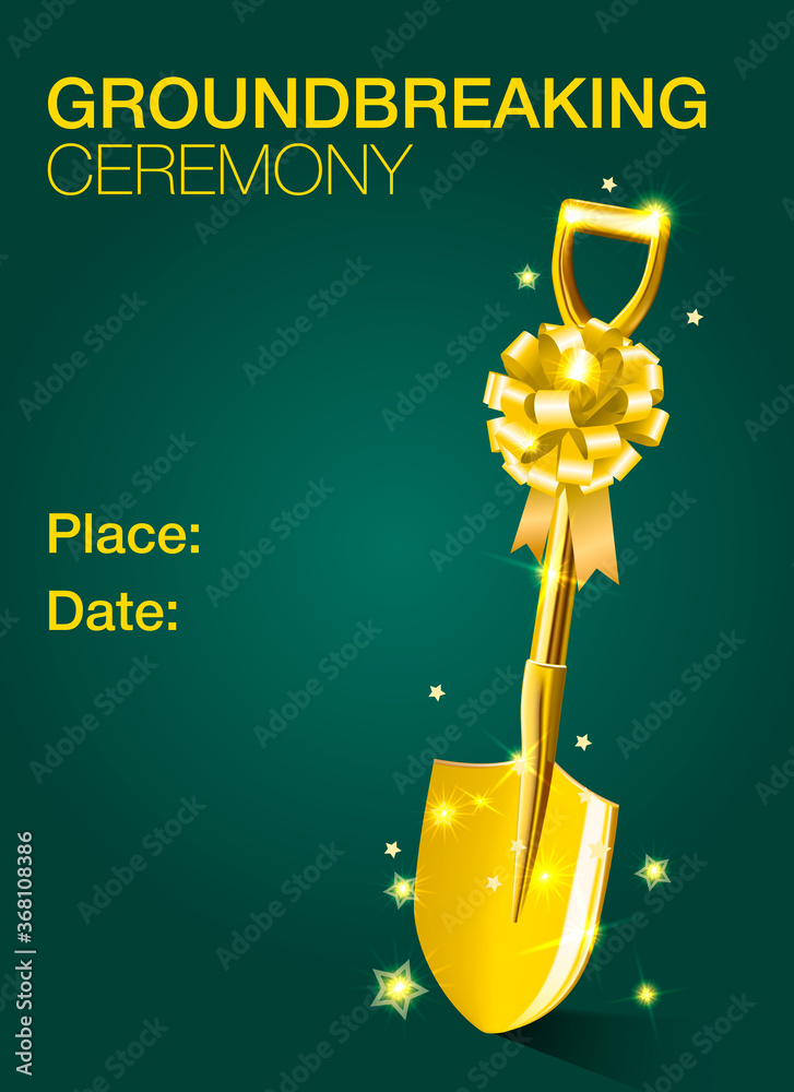 Groundbreaking ceremony banner with golden shovel decorated with ribbon ...