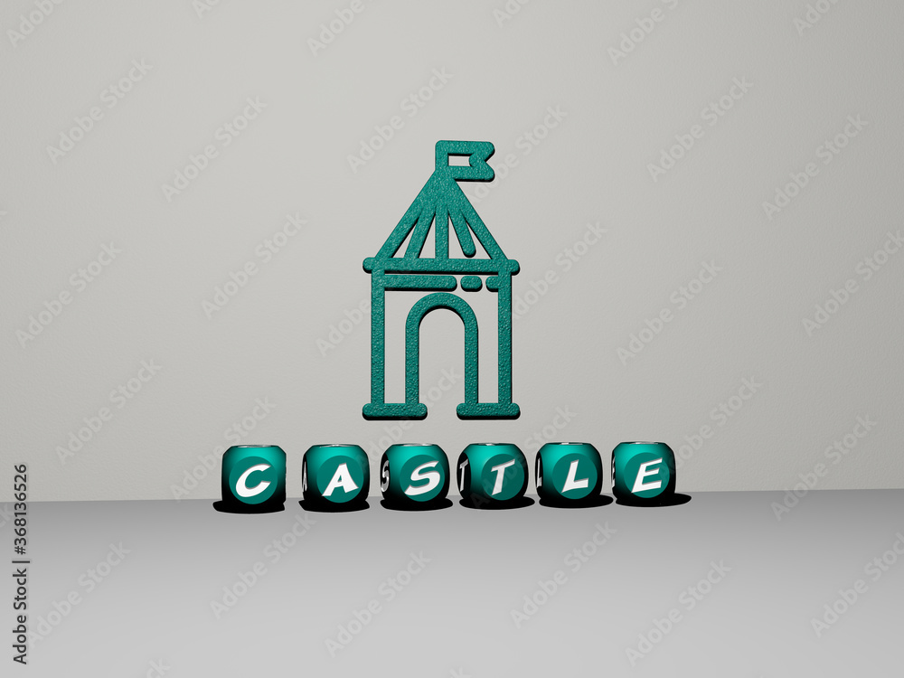 3D illustration of castle graphics and text made by metallic dice ...