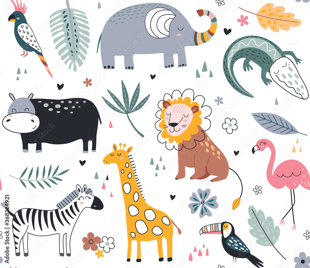 Cute vector seamless pattern with safari animals and tropical plants ...