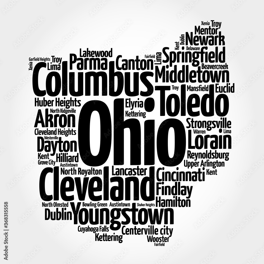 List of cities in Ohio USA state, map silhouette word cloud, map ...