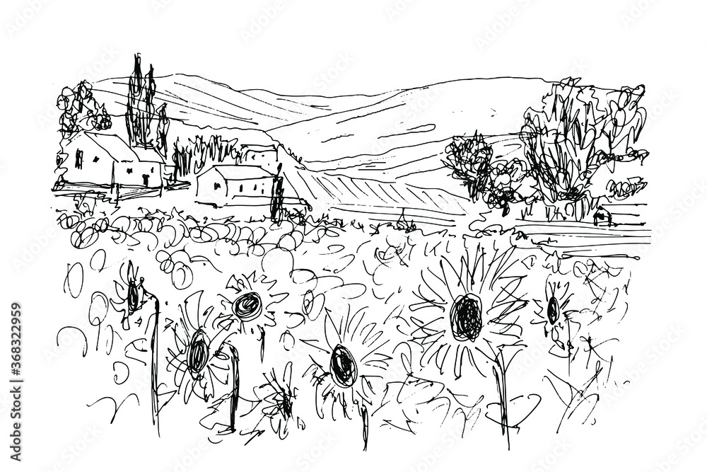 Black and white sketch by pen on a white background. Hilly landscape in ...