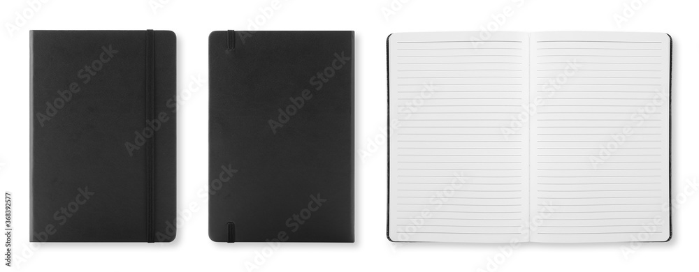 Black colour leather fabric hardcover notebook with elastic band. Top ...