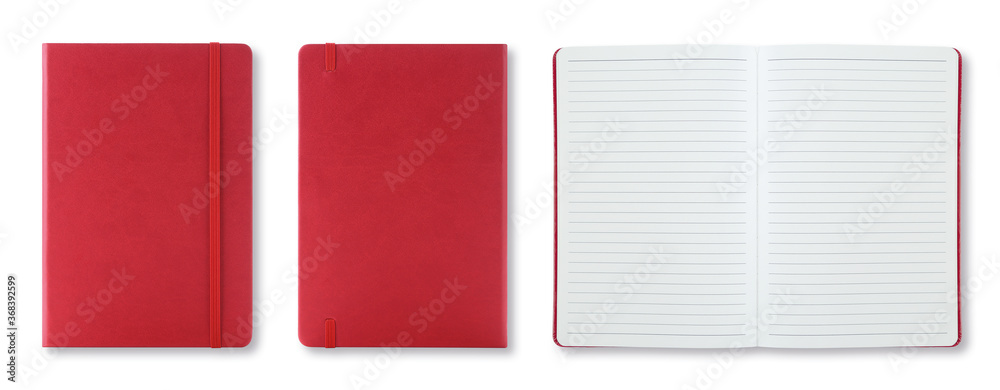 Red colour leather fabric hardcover notebook with elastic band. Top ...