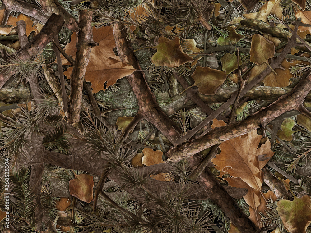 Realistic forest camouflage. Seamless pattern. Conifer and oak branches ...