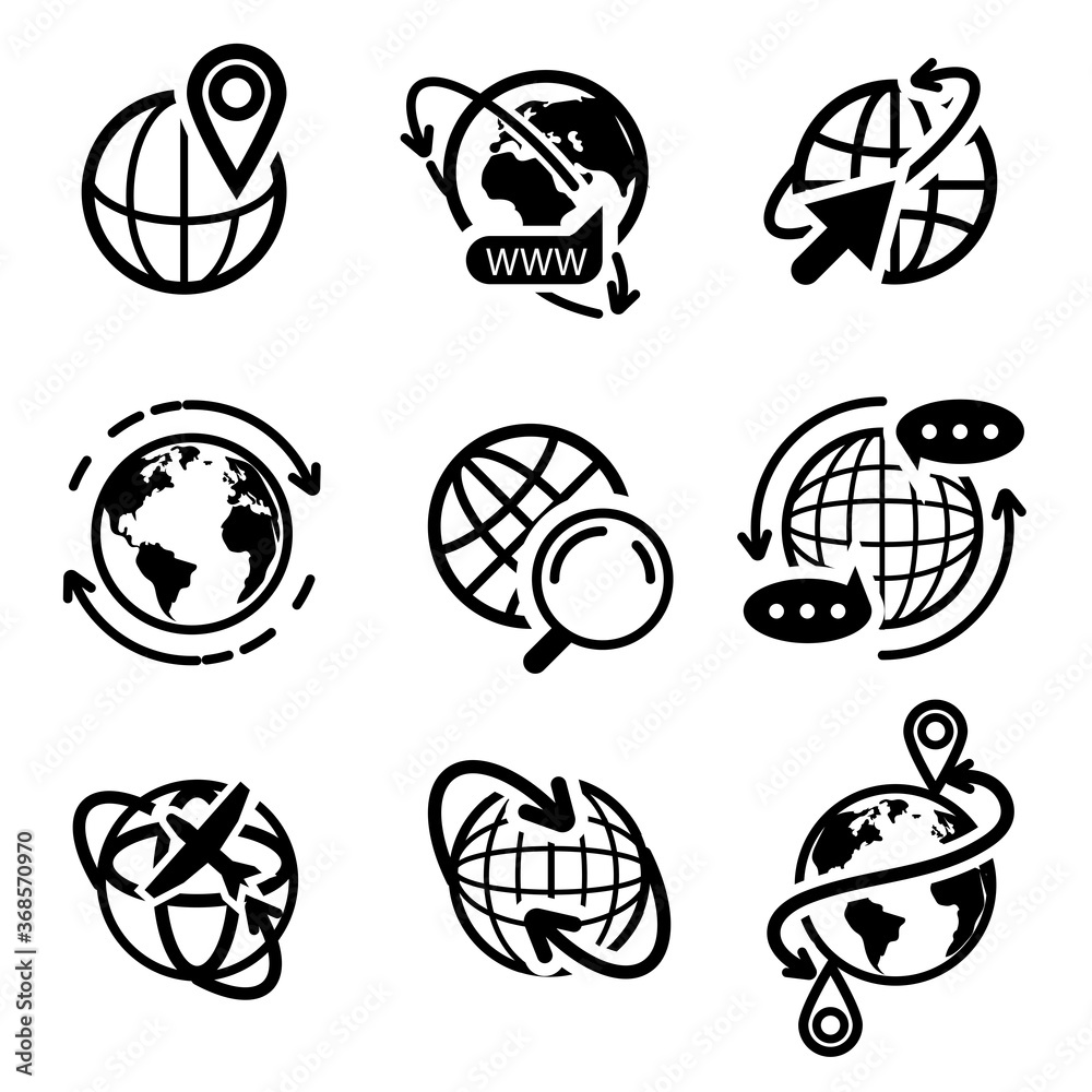 Earth globe icon set. Isolated flat world map symbol line icon ...