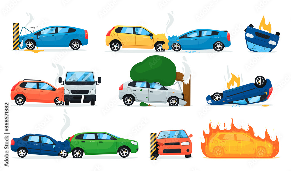 Car accident set. Isolated cartoon car crash icon collection. Transport ...
