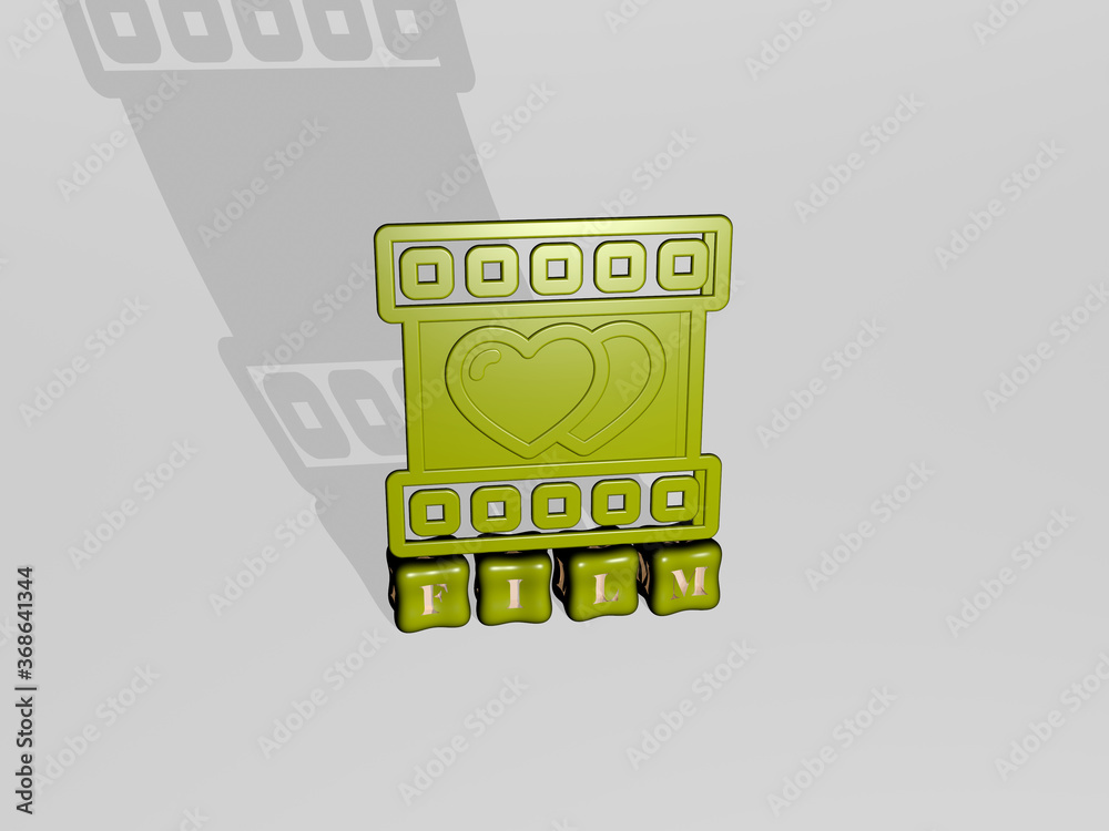 3D illustration of FILM graphics and text made by metallic dice letters ...