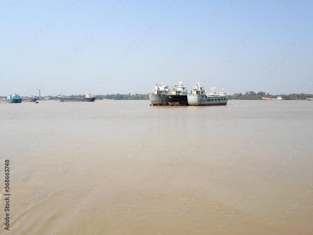Container Ship in Ganga river. Marine Cargo Ships at Calcutta Port and ...