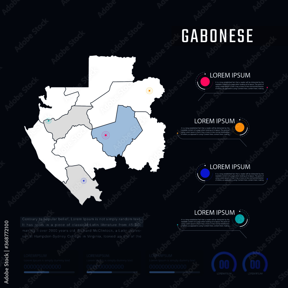 Gabonese country map infographics vector with pointer marks and circle ...