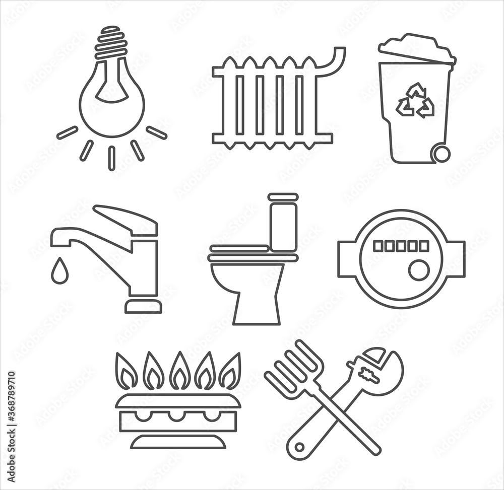 Set of Vector icon. In closes such line icons as bulb, gas, toilet ...