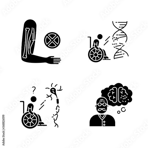 Disability black glyph icons set on white space. Muscular dystrophy ...