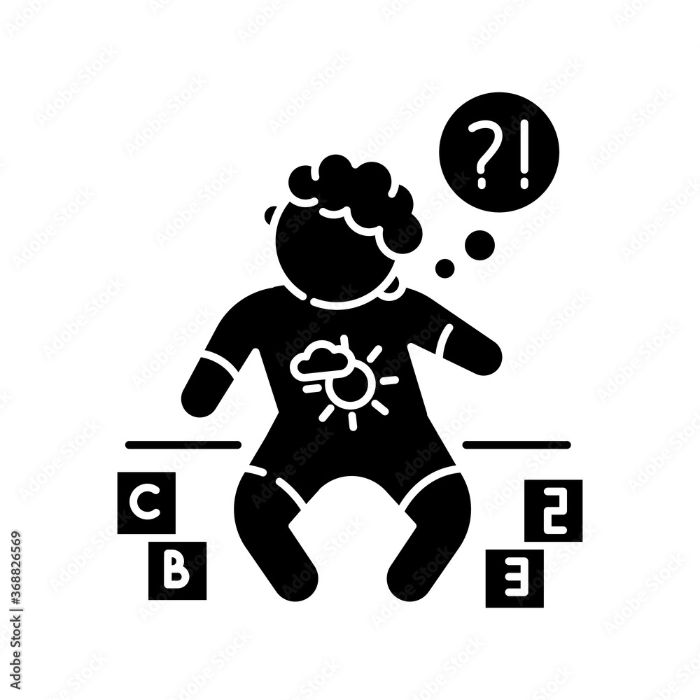 Developmental delay black glyph icon. Child with difficulty of learning ...