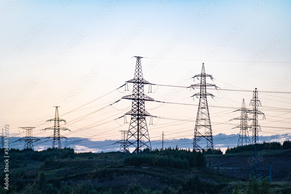 Towers with insulators on which the wires are fixed. High-voltage power ...