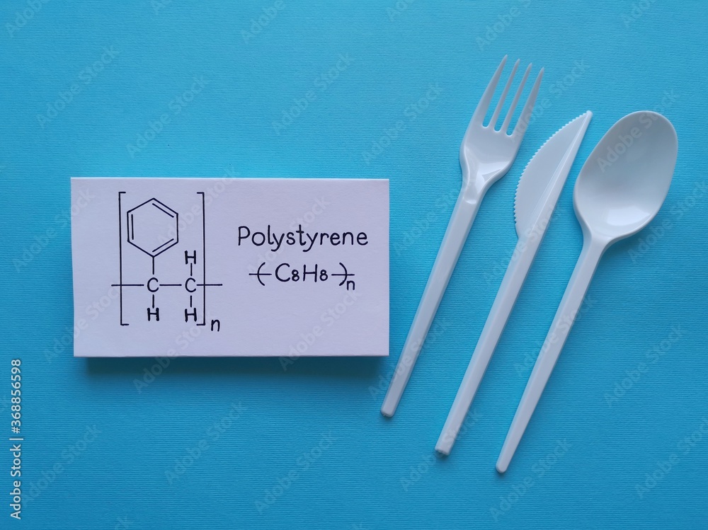 Structural chemical formula of polystyrene molecule with disposable ...