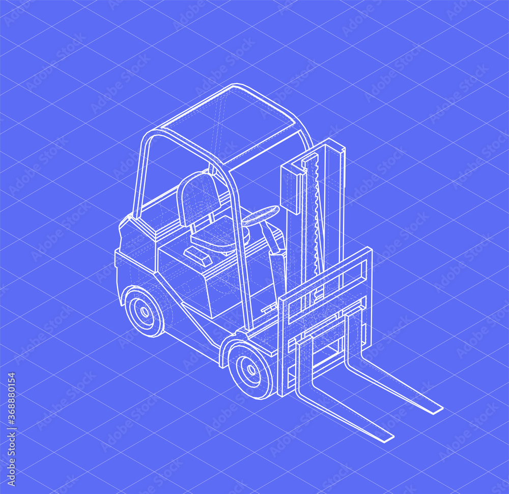 Isometric forklift sketch. 3d vector wireframe style. Outline blueprint ...