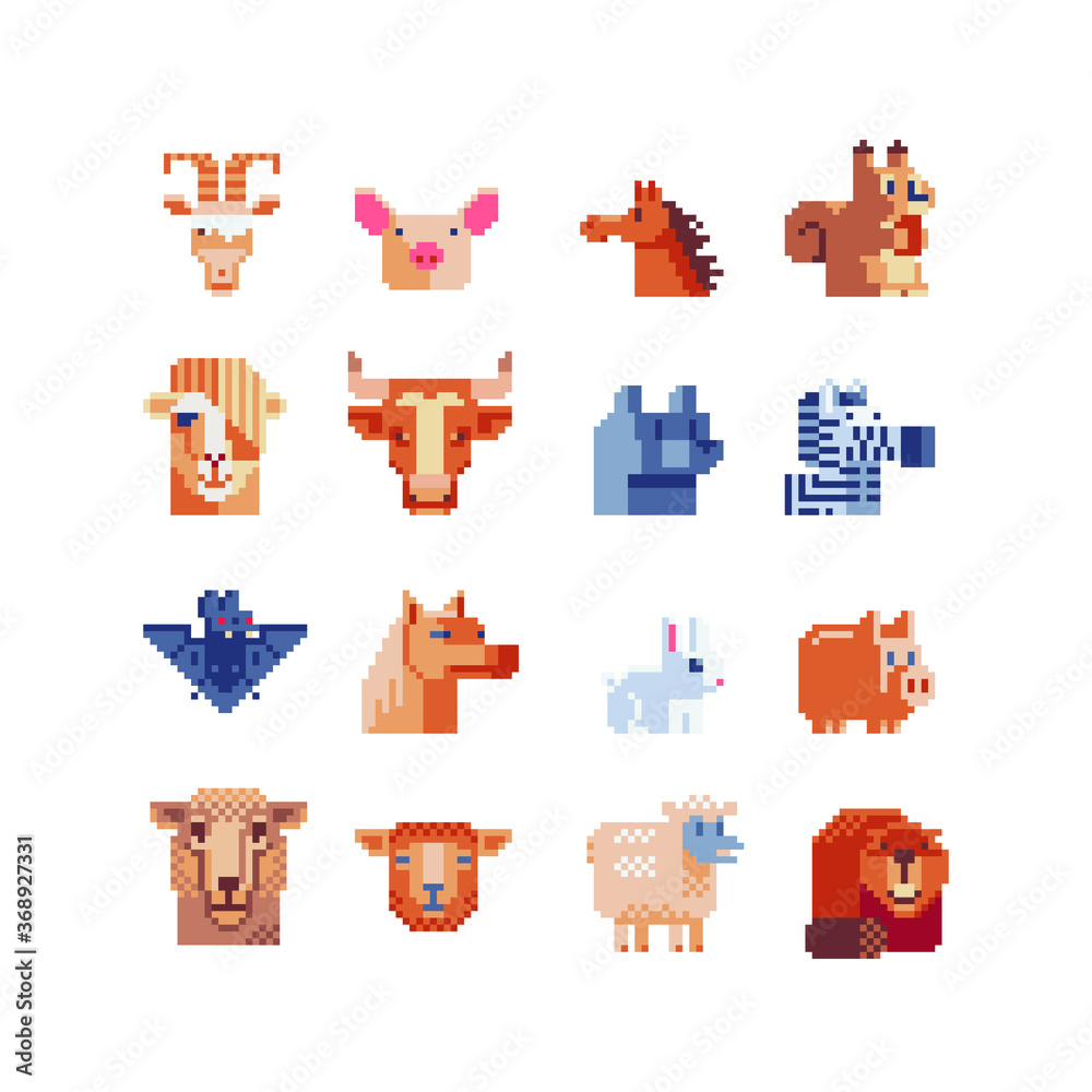 Стоковое векторное изображение «Pixel art set of farm animals ...