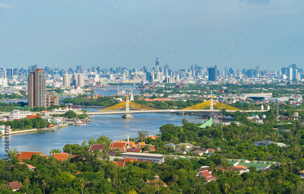 Aerial view of Maha Chesadabodindranusorn Bridge or Nonthaburi Bridge ...
