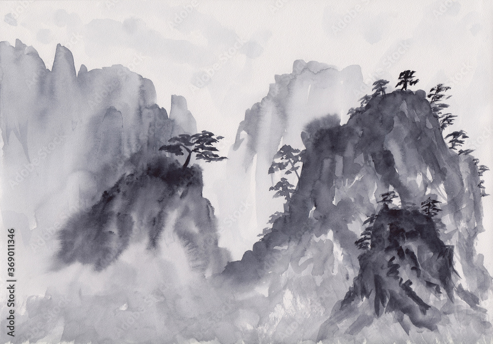 Watercolor painting with asian mountains & fir trees. Hand drawn ...