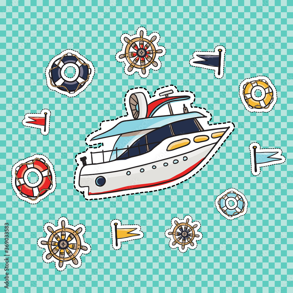 Modern yacht and marine elements: lifebuoy, cartoon helm, captain ...