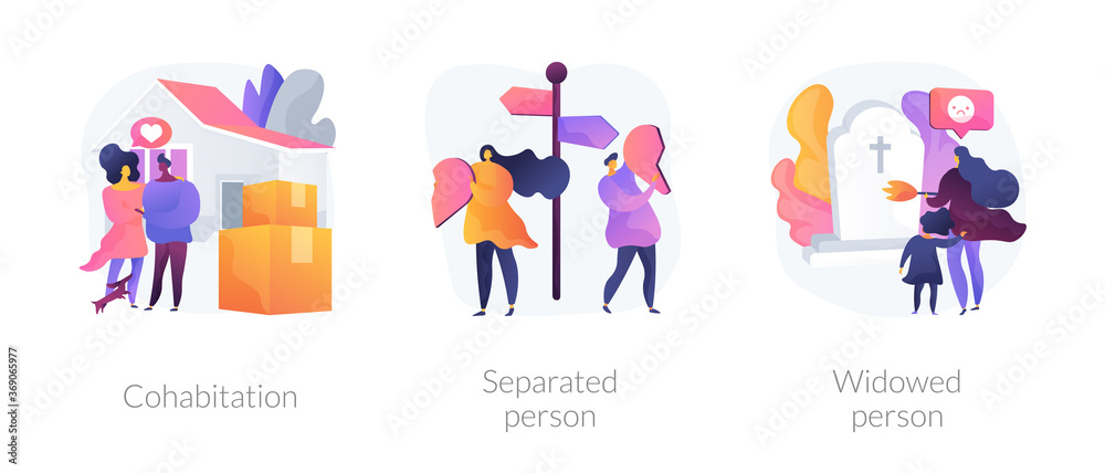 Vektor Living together abstract concept vector illustration set. Cohabitation, separated person ...