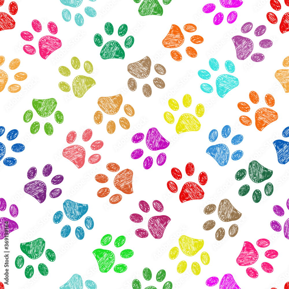 Colorful vibrant colored doodle paw prints. Seamless pattern for ...