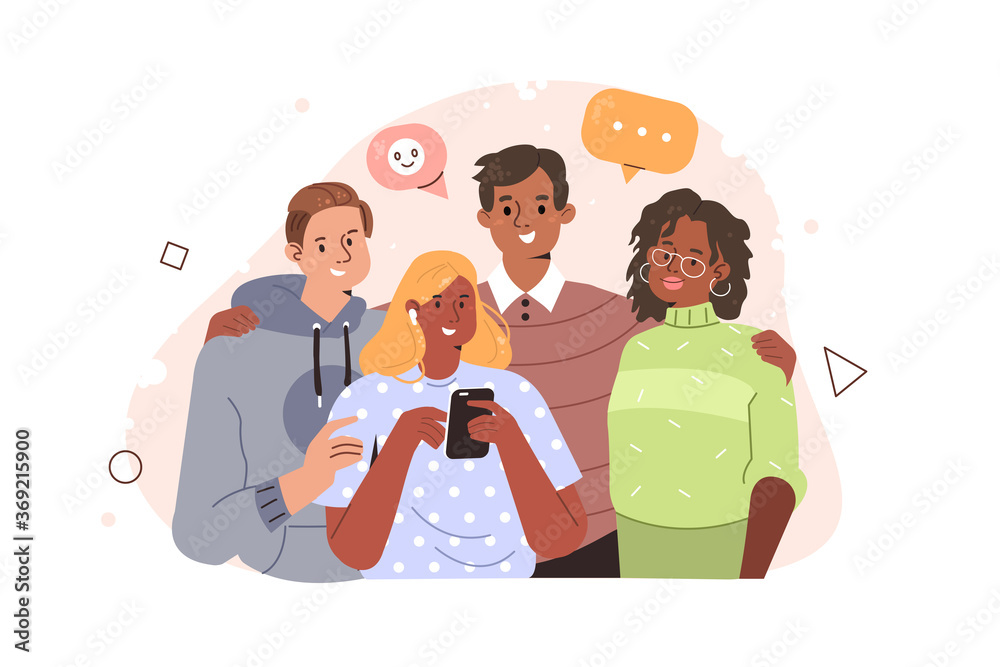 Teenage Boys and Girls Standing Together. People Characters Hugging ...