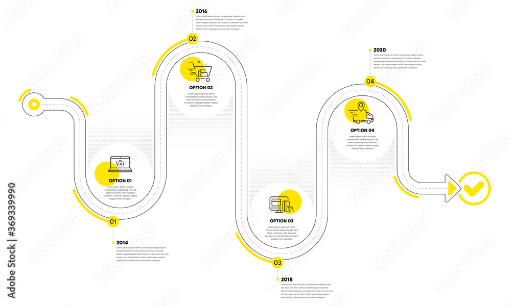 Infographic timeline with icons and 4 steps. Buying process with ...