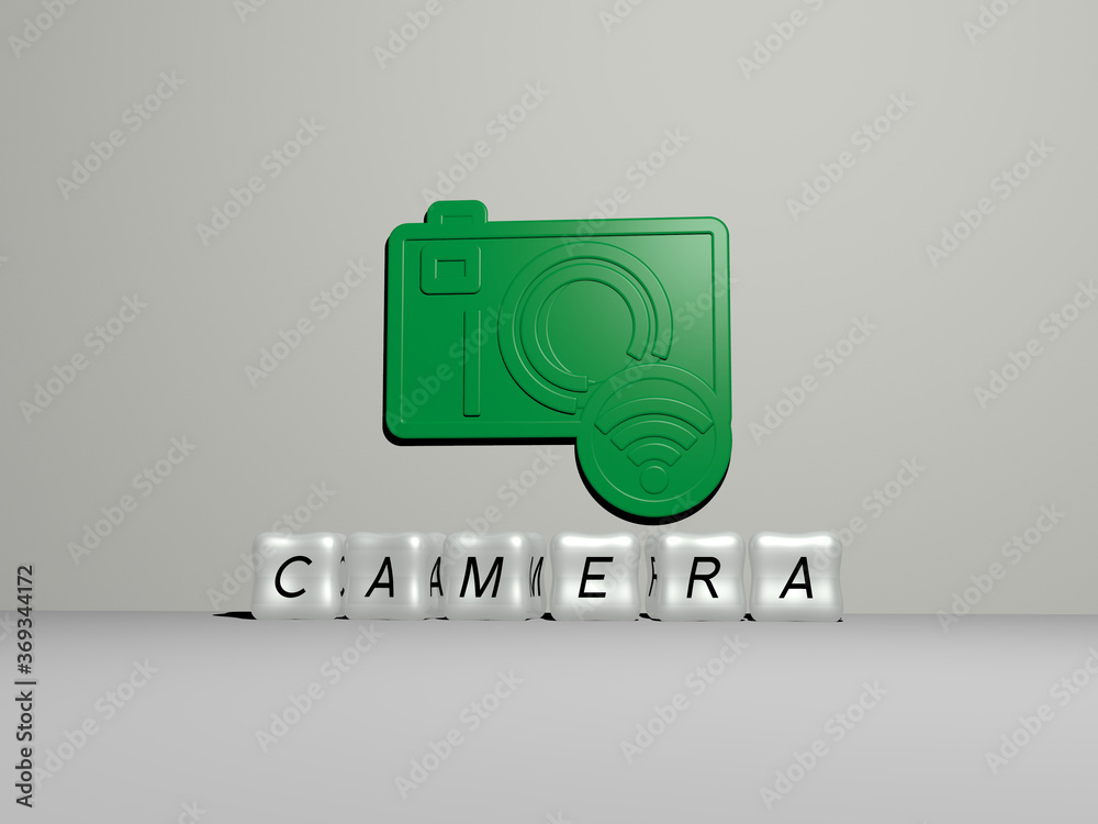 3D illustration of CAMERA graphics and text made by metallic dice ...