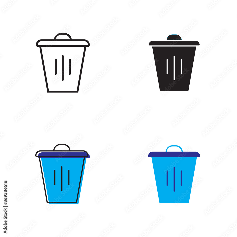 Simple trash bin icon on white background 4 types such as outline ...