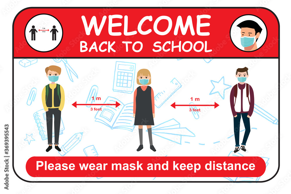 welcome back to school, keep your distance and wear a mask. vector ...