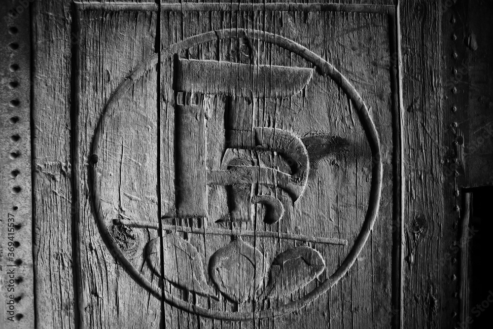 Buddhist religious symbols inscriptions in Tibet old runes Stock Photo ...