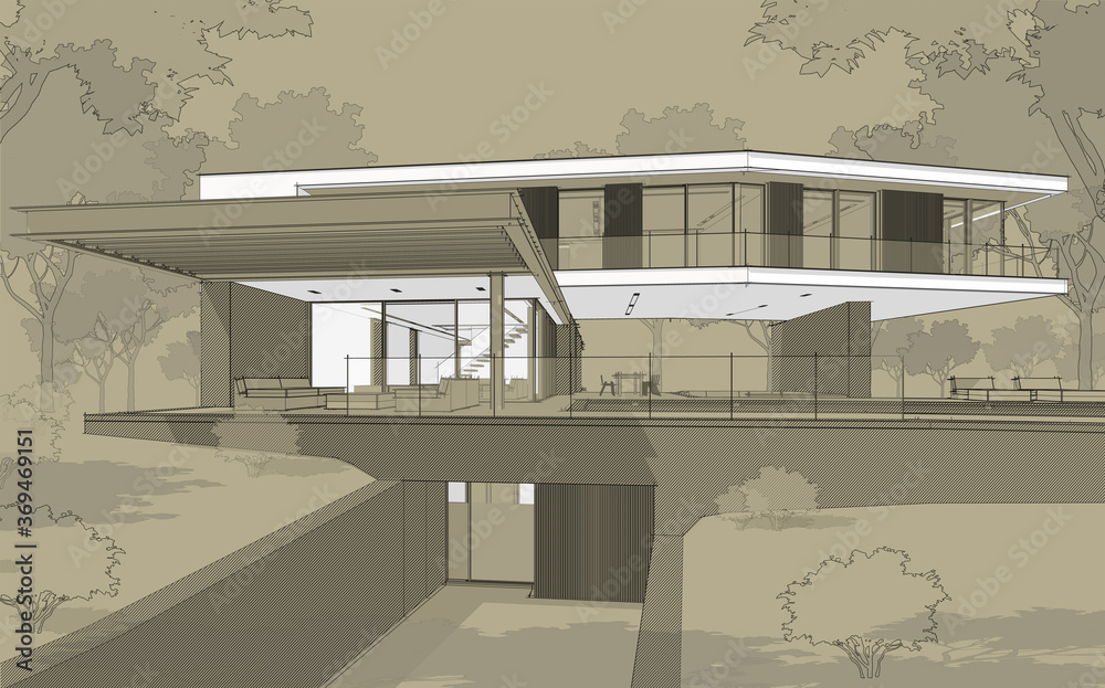 3d rendering of modern cozy house on the hill with garage and pool for ...