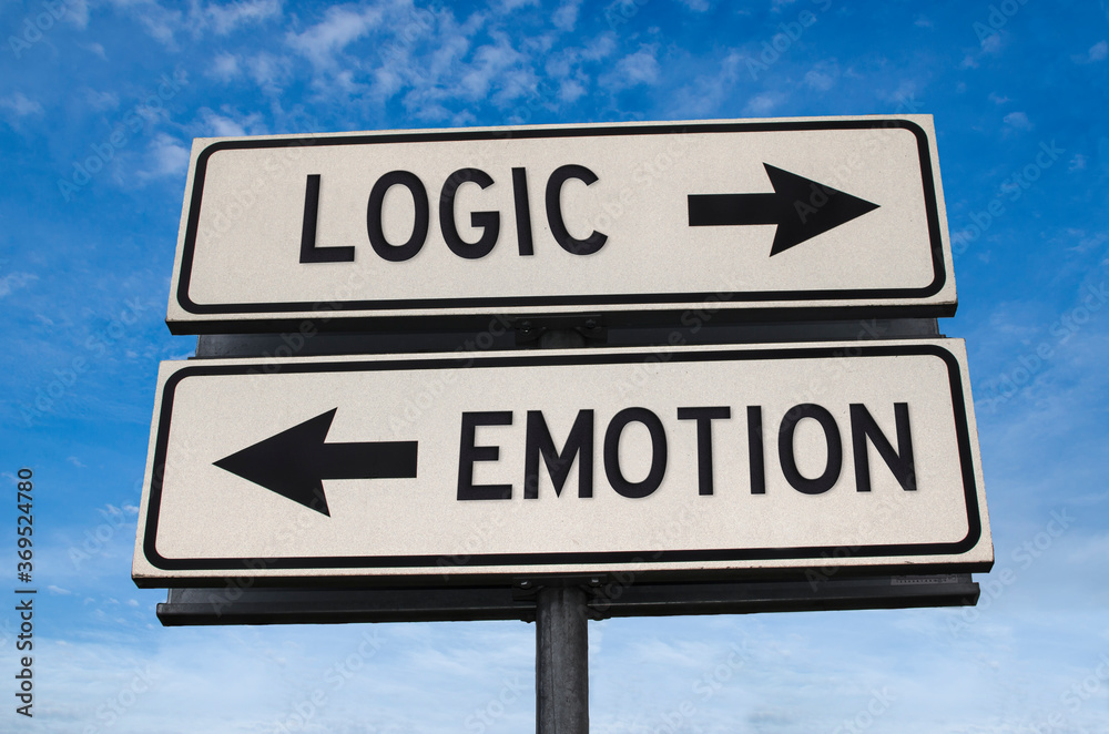Logic vs emotion. White two street signs with arrow on metal pole with ...