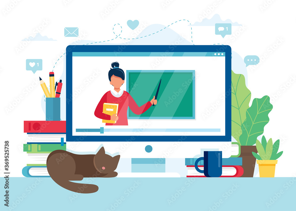 Online learning concept. Screen with female teacher and chalkboard ...