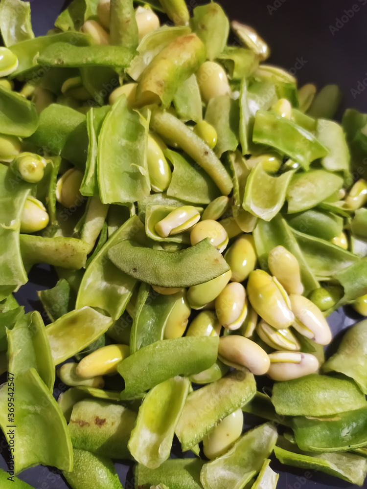 Topview of chopped Lima beans. scientific name is Phaseolus lunatus ...