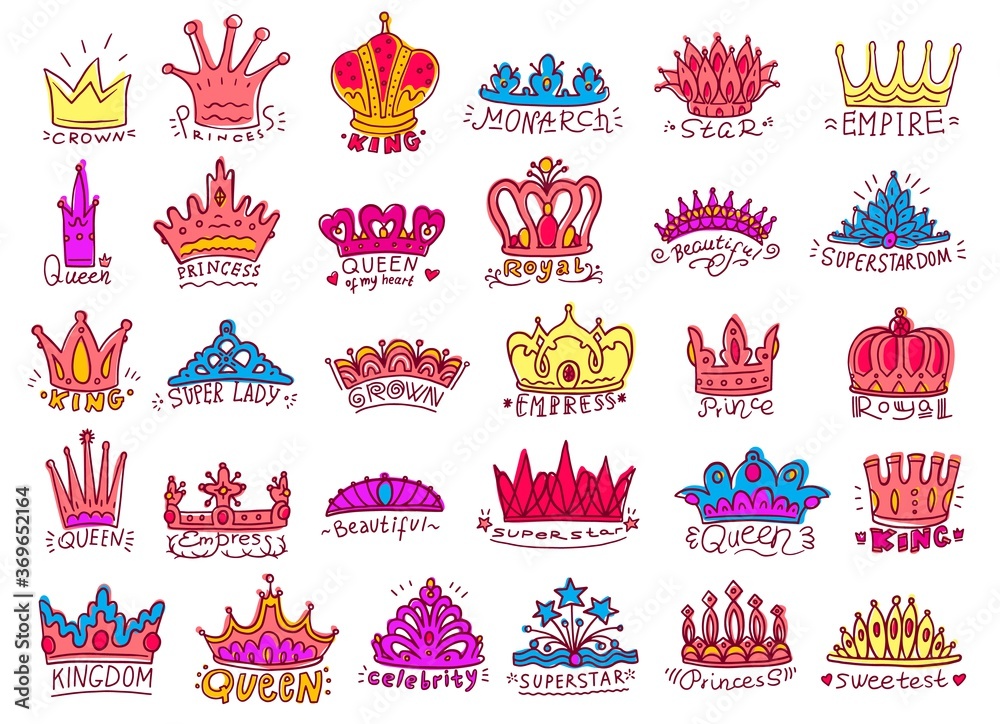 Kings and queens crowns elements set vector cartoon illustration ...