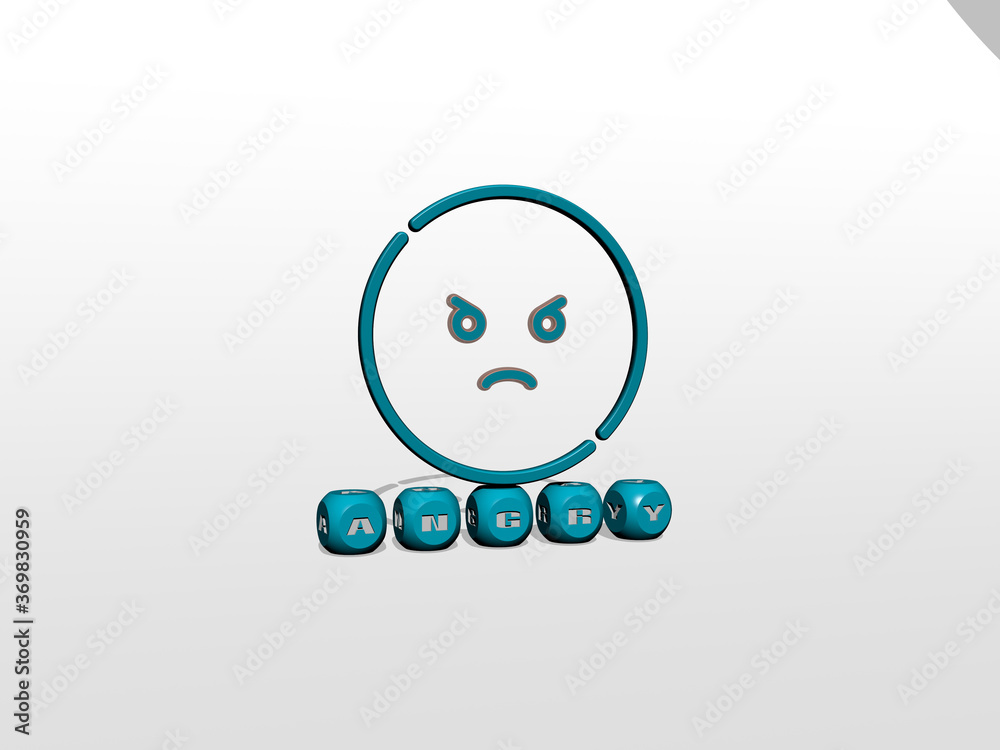 3D illustration of ANGRY graphics and text made by metallic dice ...