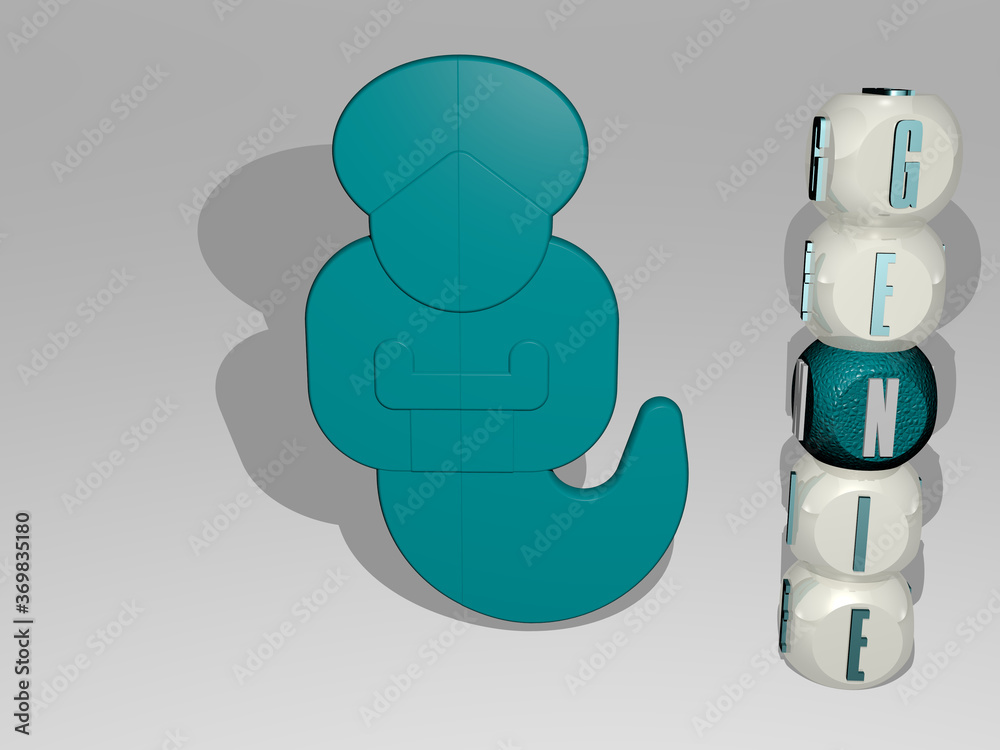 3D representation of GENIE with icon on the wall and text arranged by ...
